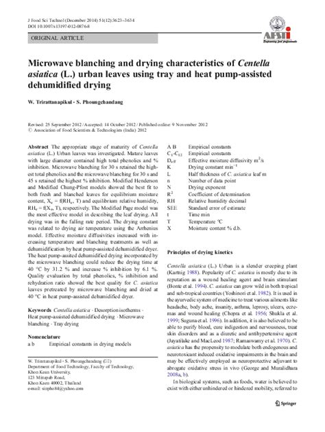 Pdf Microwave Blanching And Drying Characteristics Of Centella Asiatica L Urban Leaves