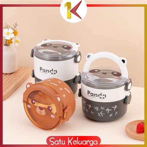 SK C690 Tempat Makan Lunch Box Set Bulat 2 Tingkat Motif Panda Beruang