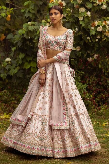Buy Pink Lehenga And Blouse Raw Silk Embroidered Floral V Neck Zardozi Bridal Set For Women By