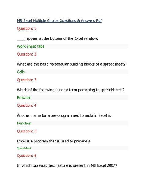 Ms Excel Multiple Choice Questions Ms Excel Multiple Choice Questions