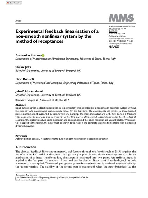 Pdf Experimental Feedback Linearisation Of A Non Smooth Nonlinear System By The Method Of