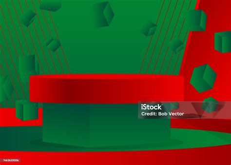 녹색과 빨간색 제품 디스플레이 추상 모형 벡터 3d 룸 미래형 실린더 받침대 연단 프레젠테이션을 위한 공상 과학 최소 무대 쇼케이스 기하학적 형태 빈 장면 0명에 대한 스톡