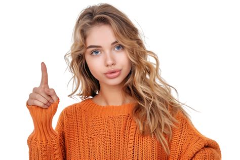 Confident Woman Dressed Orange Sweater Pointing Finger Empty Space On