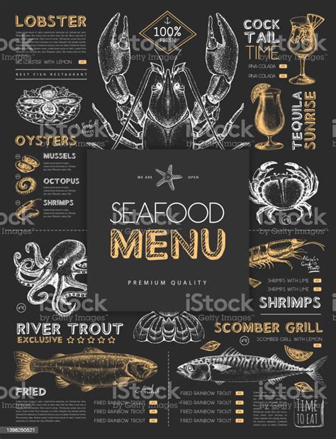 손으로 그리는 물고기와 함께 해산물 레스토랑 메뉴 디자인을 그리는 초크 벡터 일러스트 레이 션 해산물에 대한 스톡 벡터 아트 및 기타 이미지 Istock