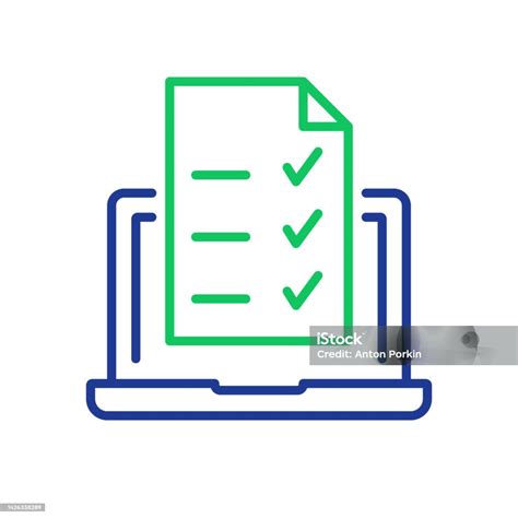 온라인 시험 시험 응시 설문지 또는 장치 화면의 체크리스트 온라인 양식 설문 조사 라인 아이콘이있는 노트북 온라인 교육 및 Elearning 개요 기호 편집 가능한 스트로크