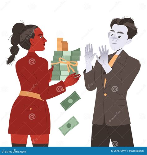 Bribery And Corruption With Woman Character Giving Money To Man Refusing It Vector Illustration