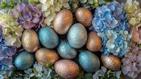 Decorative Easter Eggs With Floral Arrangement Of Hydrangeas Happy