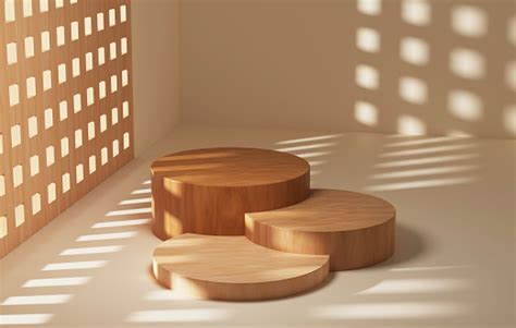 기하학적 원형 나무 디스플레이 스탠드는 크림색 노란색 배경에 나뭇잎의 그림자를 보여줍니다 목재 재료에 대한 스톡 사진 및 기타 이미지 목재 재료 연단 0명 Istock