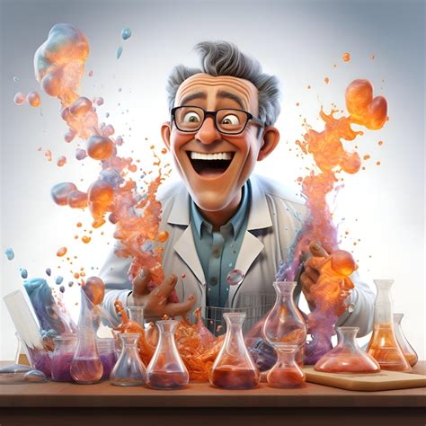 Funny Scientist In Lab Coat And Glasses With Flasks Of Colorful Liquid Premium Ai Generated Image