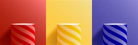 3d 현실적인 연단 플랫폼 받침대 스탠드 실린더 모양 디스플레이 빨간색 노란색 및 파란색 배경 최소 스타일에 나선형 줄무늬 세트 0명에 대한 스톡 벡터 아트 및 기타 이미지