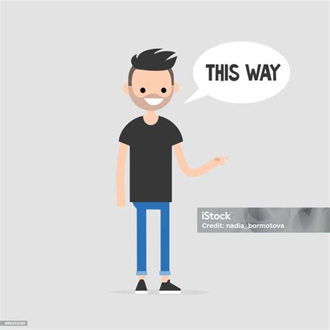 이쪽 젊은 문자 올바른 방향으로 가리키는 탐색입니다 연설 거품이 있다입니다 평면 편집 가능한 벡터 일러스트 레이 션 클립 아트 가리키기에 대한 스톡 벡터 아트 및 기타