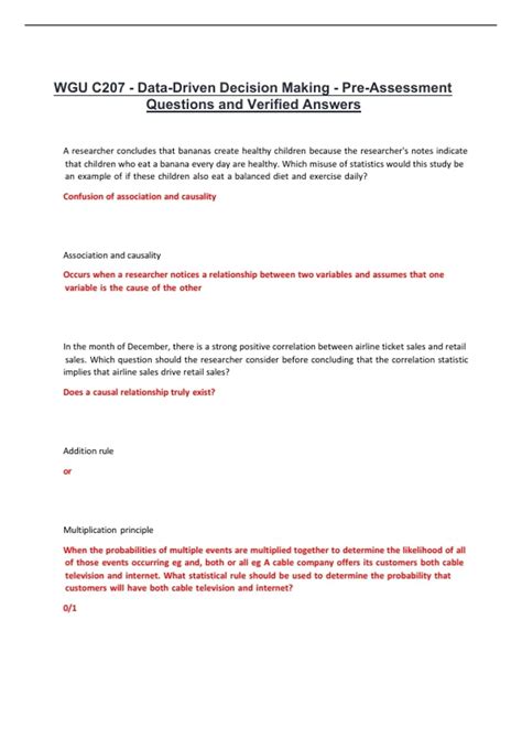 Wgu C207 Data Driven Decision Making Pre Assessment Questions And Verified Answers Wgu