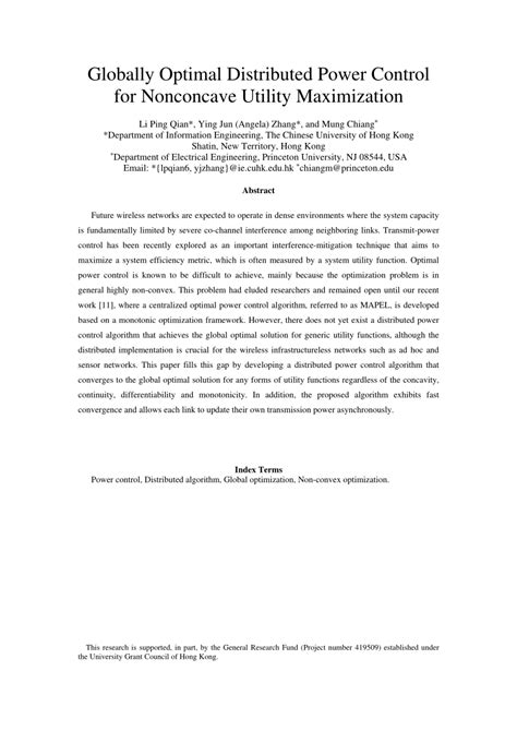Pdf Globally Optimal Distributed Power Control For Nonconcave Utility