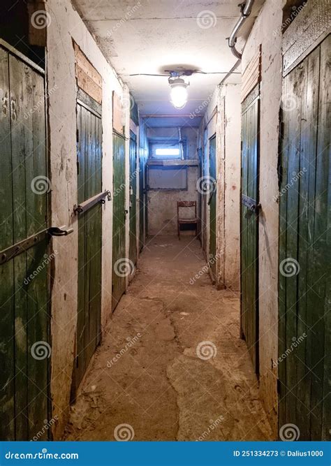 Old Corridor In A Old Basement Green Doors Stock Image Image Of