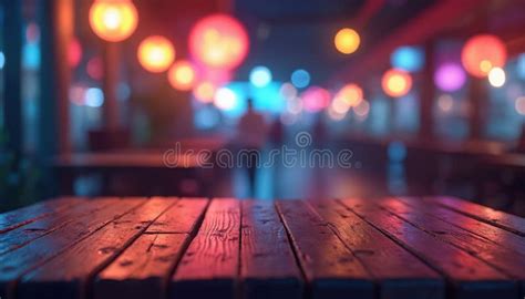 Illustration Showcases Empty Wooden Tabletop With Blurred Neon Bokeh Lights At Night Bar Cafe