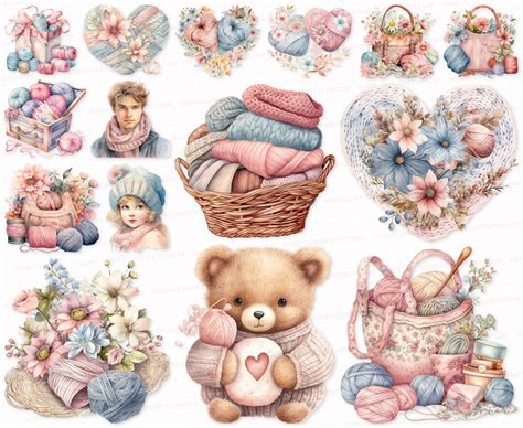 Knitting Png Svg Printable Clip Art 25 Vintage Watercolor Clipart
