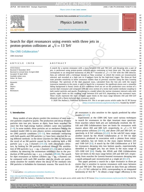 Pdf Search For Dijet Resonances Using Events With Three Jets In Proton Proton Collisions At S