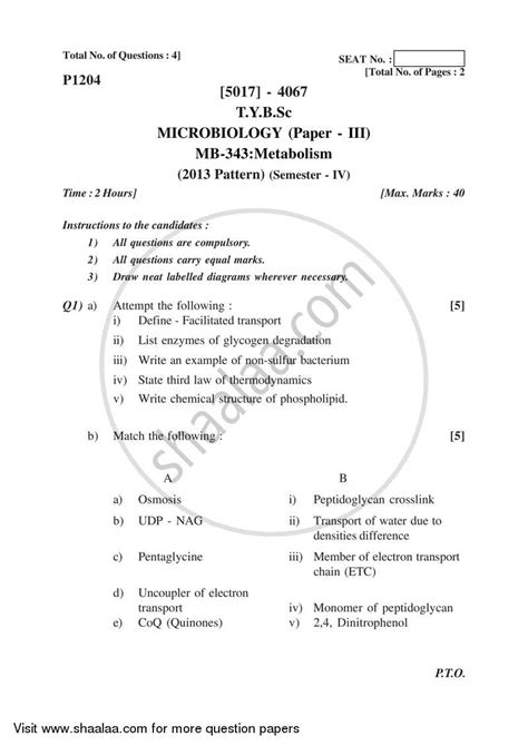 Metabolism 2016 2017 B Sc Microbiology Semester 6 TYBSc 2013 Pattern