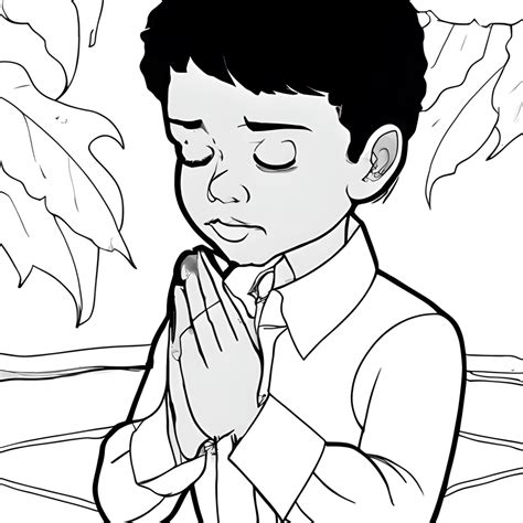 Coloriage de style manga en noir et blanc priant pour un garçon noir