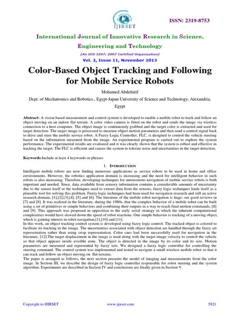 Color Based Object Tracking And Followin Pdf Image Segmentation Fuzzy Logic