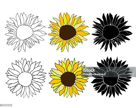 해바라기 머리 손으로 그린 요소 세트 디자인 실루엣 선화 검정 잉크 화려한 꽃 로고 색칠 페이지 흰색 배경에 격리 벡터 클립 아트 해바라기에 대한 스톡 벡터 아트 및 기타