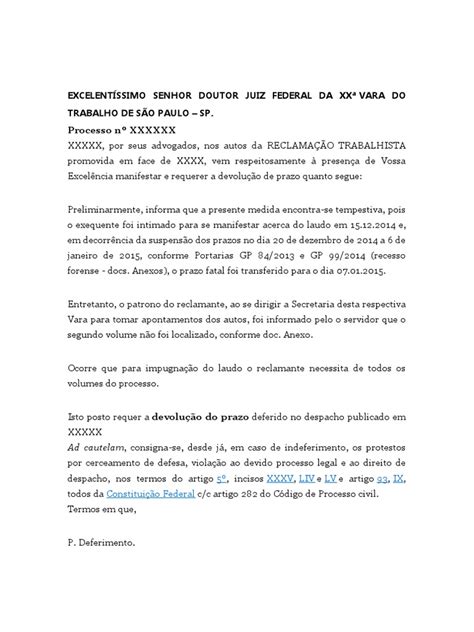 Petição Simples Devolução De Prazo Pdf