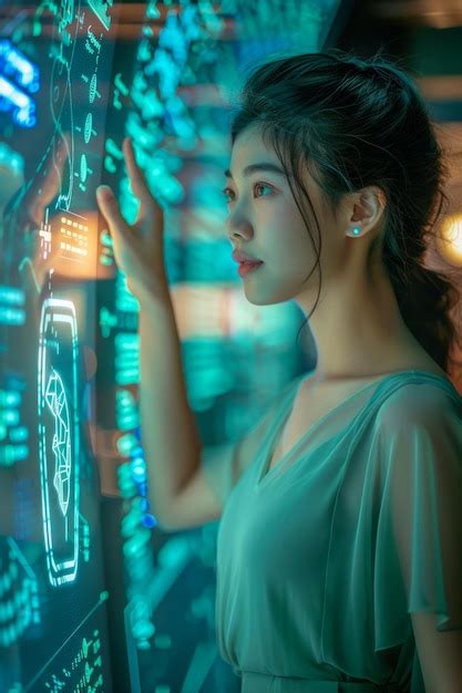 Young Woman Interacting With Futuristic Touchscreen Display In A High