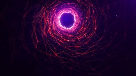 Abstract Digital Space Of A Dynamic Glowing Red Tunnel Of Lines Dots And Particles Flying