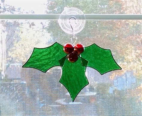 Stained Glass Holly Suncatcher Christmas Ornament Holiday Decor Stained Glass Your Way