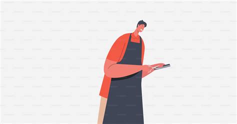 앞치마를 두른 미용사 남성 캐릭터는 하얀 배경에 격리된 빗과 가위를 손에 들고 있다 남자 미용실 또는 이발소 직원 전문 뷰티