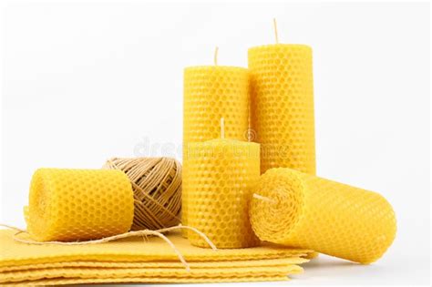Stylish Elegant Beeswax Candles Wax Sheets And Twine On White Background Stock Image Image Of