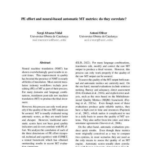 Pe Effort And Neural Based Automatic Mt Metrics Do They Correlate Acl Anthology