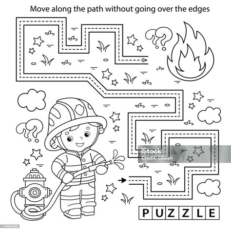 필기 연습 시트 간단한 교육 게임 또는 미로 색칠하기 개요 만화 소방관 또는 소화전을 가진 소방관 소방 아이들을위한 색칠하기 책 소방관에 대한 스톡 벡터 아트 및 기타