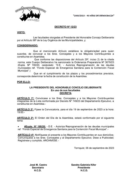 Decreto Asamblea de Concejales y Mayores Contribuyentes y Sesión Ordinaria del HCD CELTTV