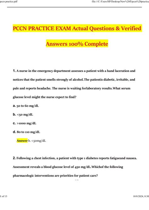 Pccn Practice Actual 2024 Questions With Verified Answers 100
