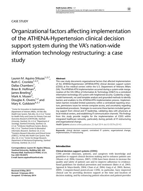 Pdf Organizational Factors Affecting Implementation Of The Athena Hypertension Clinical