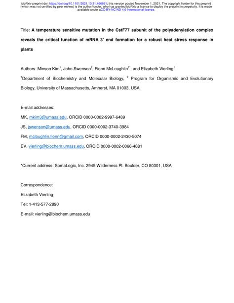 Pdf A Temperature Sensitive Mutation In The Cstf77 Subunit Of The Polyadenylation Complex