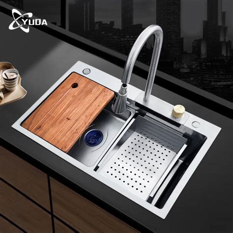 Modern Type Waterfall Rainfall Single Bowl Farmhouse Kitchen Sinks Workstation Waterfall Faucet