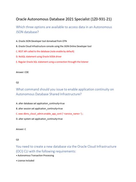Oracle Autonomous Database 2021 Specialist 1z0 931 21 Dump Pdf Databases Cloud Computing