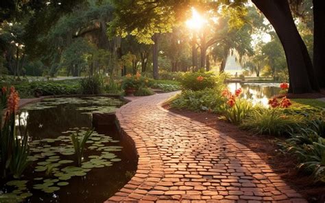 Premium Ai Image Scenic Pondside Brick Walkway