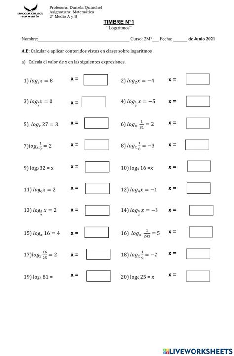 Logaritmos Interactive Worksheet For 2do
