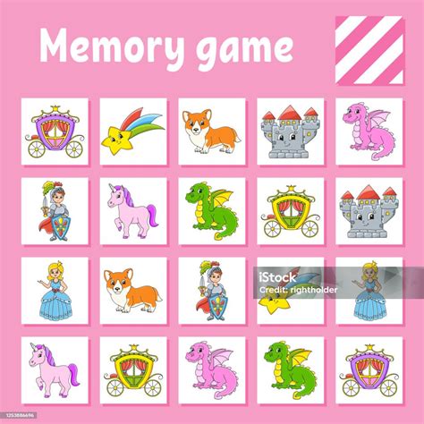 아이들을위한 메모리 게임 워크시트를 개발하는 교육 사진이 있는 활동 페이지입니다 아이들을위한 퍼즐 게임 논리적 사고 훈련 격리된 벡터 그림입니다 재미있는 캐릭터 만화 스타일