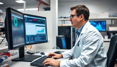 Scientist Analyzing Data On Dual Monitors Stock Illustration