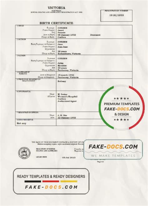 Australia Victoria Birth Certificate Template In Word Format Version Fake Docs Shop