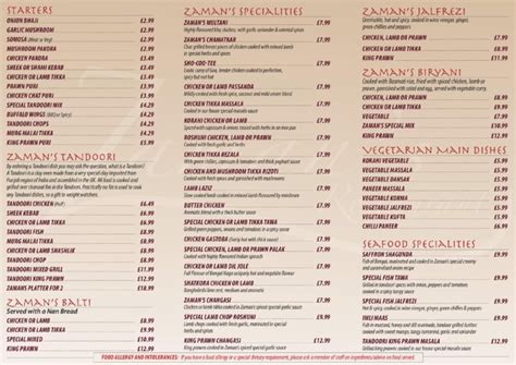 Zamans Indian Restaurant Newquays Full Menu Online