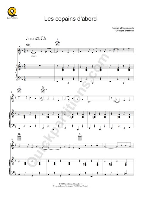 Partition Piano Les Copains D Abord Georges Brassens Partition Digitale