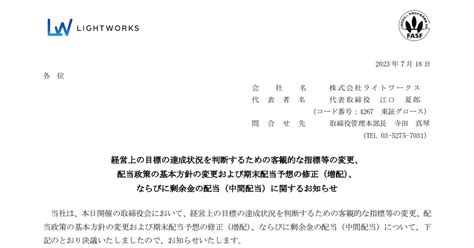 ライトワークス 4267 ：配当政策の基本方針の変更および期末配当予想の修正（増配）、ならびに剰余金の配当（中間配当）に関するお知らせ