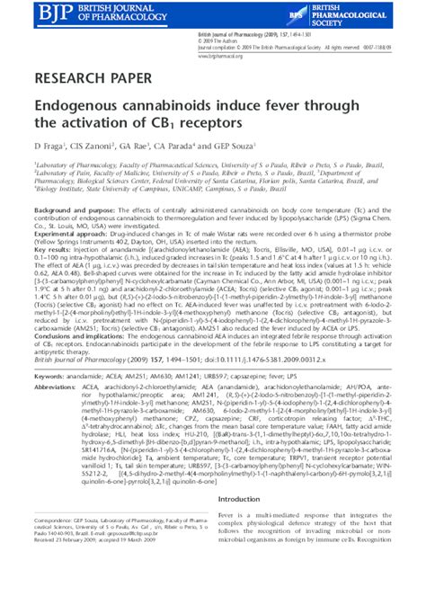Pdf Endogenous Cannabinoids Induce Fever Through The Activation Of Cb