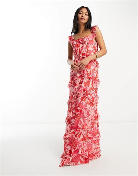 Pretty Lavish Vestito Lungo Rosso E Rosa A Fiori Con Scollo Squadrato