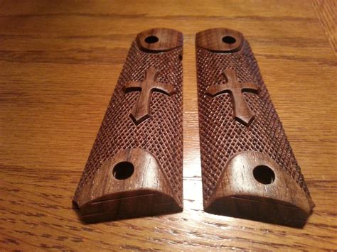 Full Size 1911 Walnut Grips With Engraved Cross